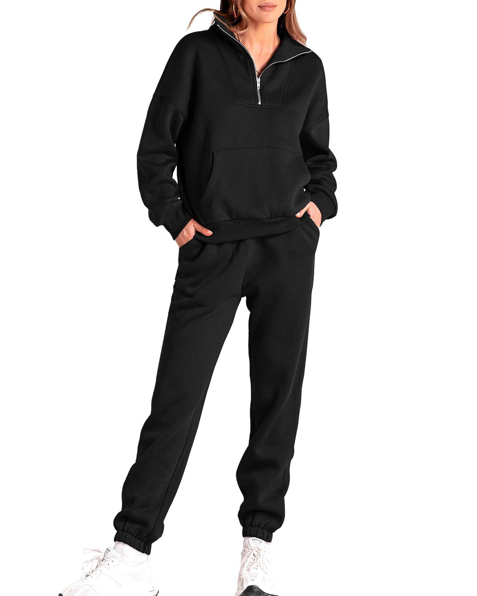 BTFBM Women 2 Piece Tracksuits Fall Winter 1/4 Zip Sweatshirt Jogger Pants Matching Lounge Sets Thick Sweatsuits Pockets(Solid Black, Large)