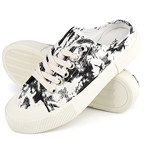 JENN ARDOR Womens Fashion Canvas Sneaker Open Back Mule Flats Shoes Lace Up Slip On Classic Shoes (Pattern Black,6.5)