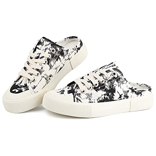 JENN ARDOR Womens Fashion Canvas Sneaker Open Back Mule Flats Shoes Lace Up Slip On Classic Shoes (Pattern Black,6.5)