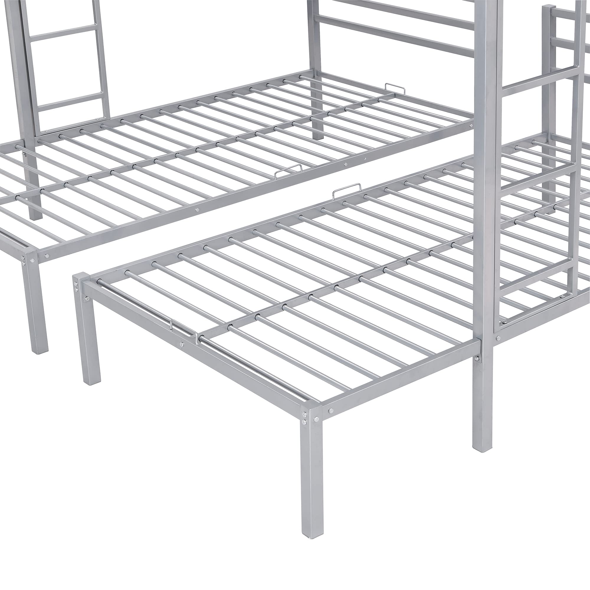 GLORHOME L Shaped Full Over Twin&Twin Triple Bed, Metal Bunk Bedframe with Built-in Shelf and 2 Ladders for 3 Kids Teens