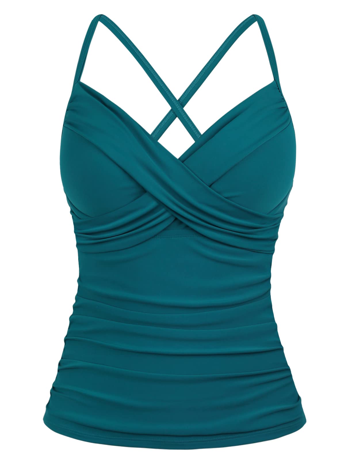 Firpearl Women Underwire Bathing Suit Top Wrap Twist V Neck Swimsuits Ruched Slimming Tankini Top Enamel Blue US16