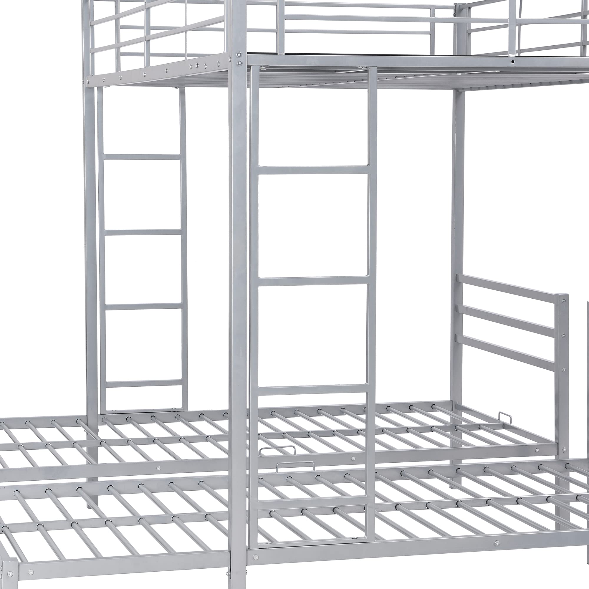 GLORHOME L Shaped Full Over Twin&Twin Triple Bed, Metal Bunk Bedframe with Built-in Shelf and 2 Ladders for 3 Kids Teens