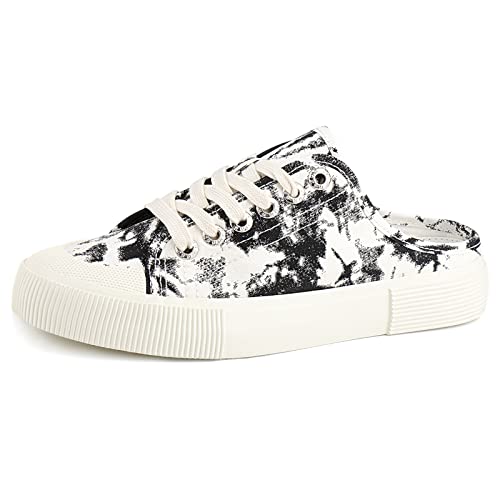 JENN ARDOR Womens Fashion Canvas Sneaker Open Back Mule Flats Shoes Lace Up Slip On Classic Shoes (Pattern Black,6.5)