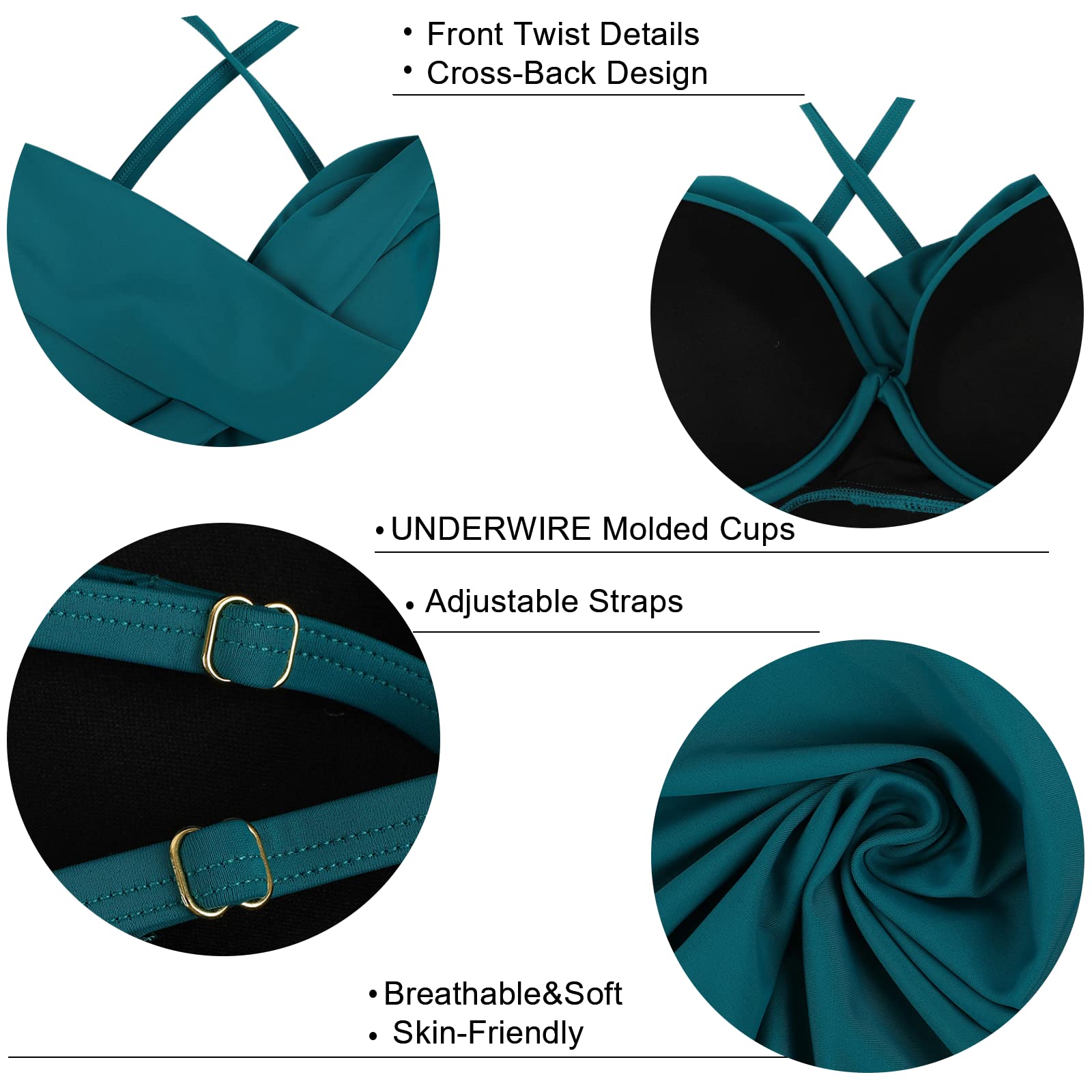 Firpearl Women Underwire Bathing Suit Top Wrap Twist V Neck Swimsuits Ruched Slimming Tankini Top Enamel Blue US16