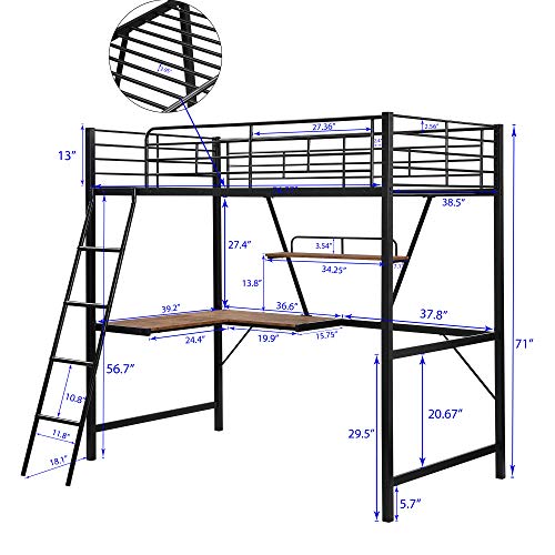 MOEO Twin Size Loft Bed with L-Shaped Desk and Shelf, Metal Steel Bedfram w/Guardrail for Kids, Home, No Spring Box Required, Black