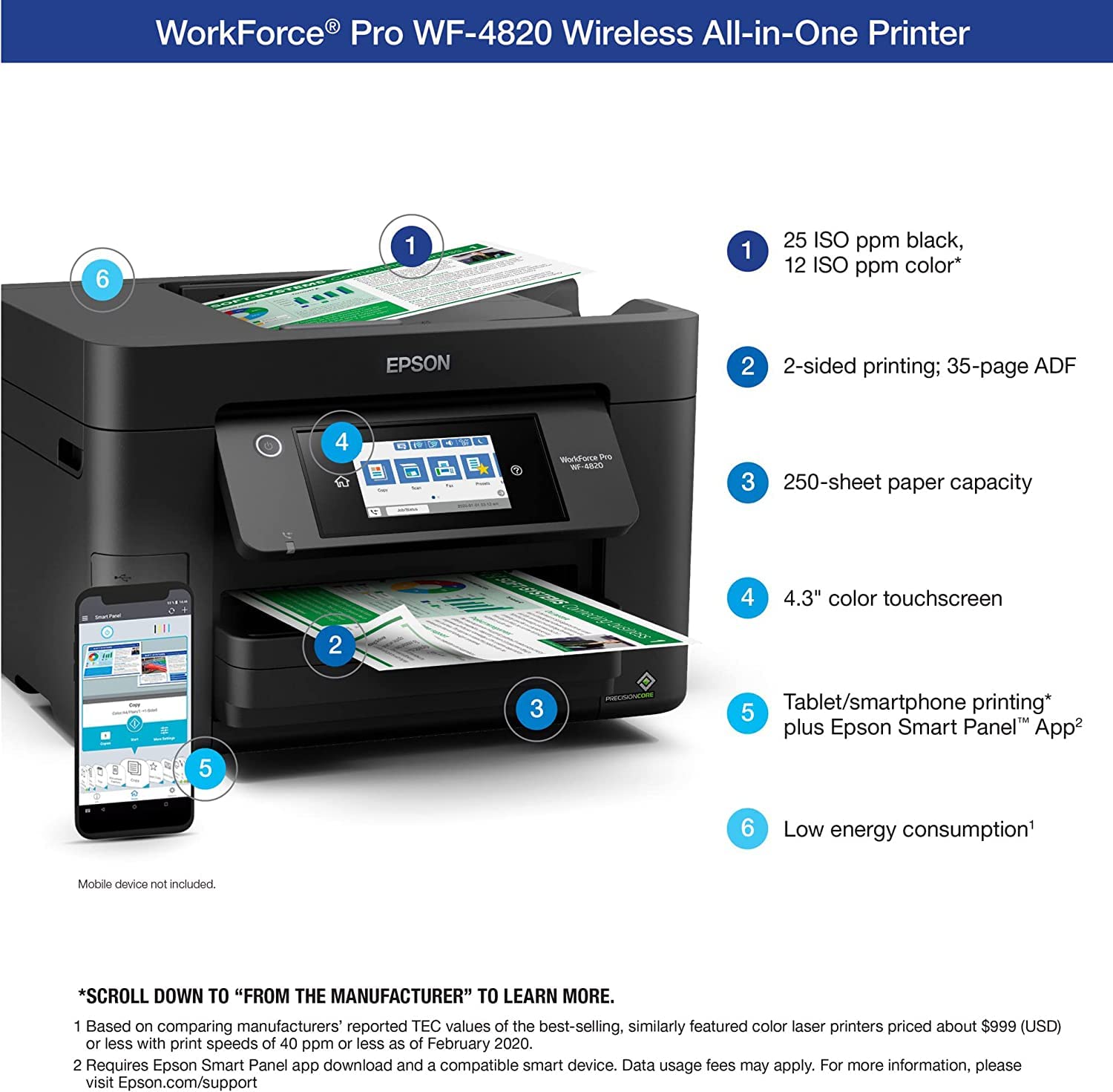 Epson Workforce Pro WF-4820 Wireless All-in-One Color Inkjet Printer, Black - Print Scan Copy Fax - 4.3" Touchscreen, 25 ppm, 4800 x 2400 dpi, Auto 2-Sided Printing, 35-Sheet ADF, Ethernet