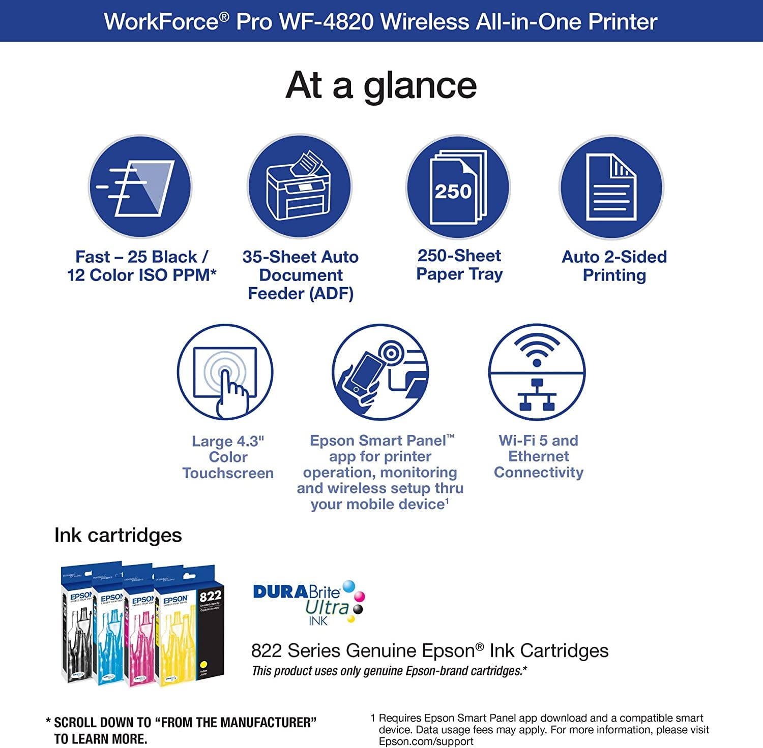 Epson Workforce Pro WF-4820 Wireless All-in-One Color Inkjet Printer, Black - Print Scan Copy Fax - 4.3" Touchscreen, 25 ppm, 4800 x 2400 dpi, Auto 2-Sided Printing, 35-Sheet ADF, Ethernet