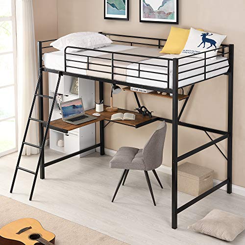 MOEO Twin Size Loft Bed with L-Shaped Desk and Shelf, Metal Steel Bedfram w/Guardrail for Kids, Home, No Spring Box Required, Black