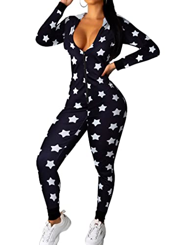 Ekouaer Christmas Onesie Women Sexy Pajamas Zipper Halloween One Piece Bodycon Outfit Jumpsuit Costume Star Print XXL
