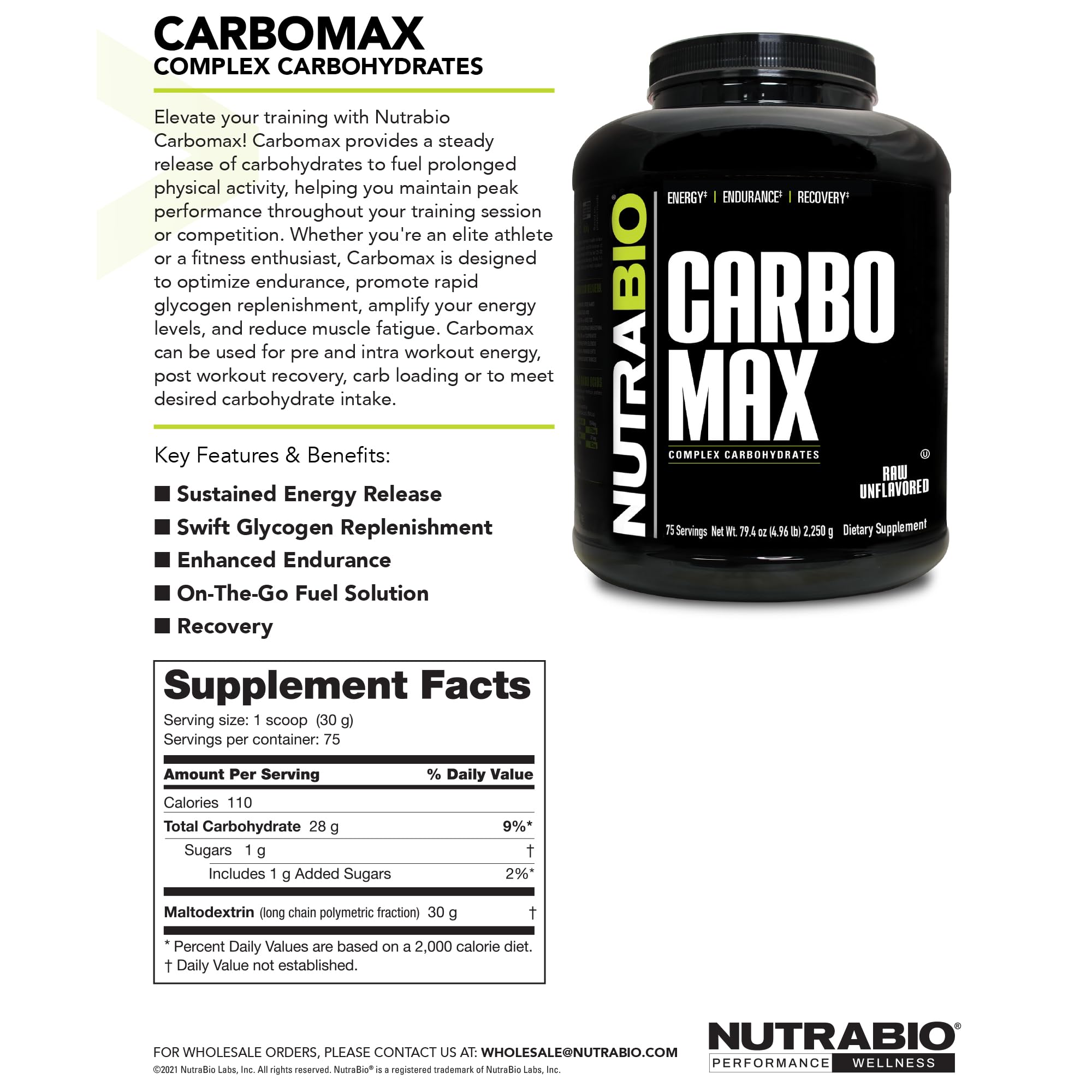 NutraBio CarboMax Maltodextrin Powder - Carbohydrate Powder for Sustained Energy - Calorie Rich for Muscle and Weight Gain - Unflavored - 5 Pounds, 75 Servings