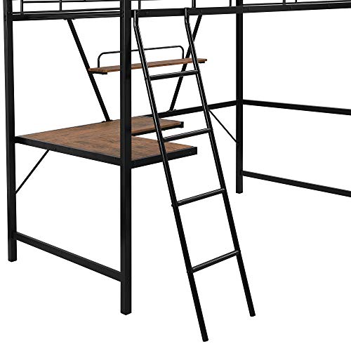 MOEO Twin Size Loft Bed with L-Shaped Desk and Shelf, Metal Steel Bedfram w/Guardrail for Kids, Home, No Spring Box Required, Black