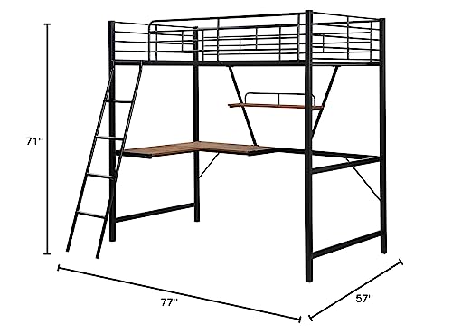 MOEO Twin Size Loft Bed with L-Shaped Desk and Shelf, Metal Steel Bedfram w/Guardrail for Kids, Home, No Spring Box Required, Black