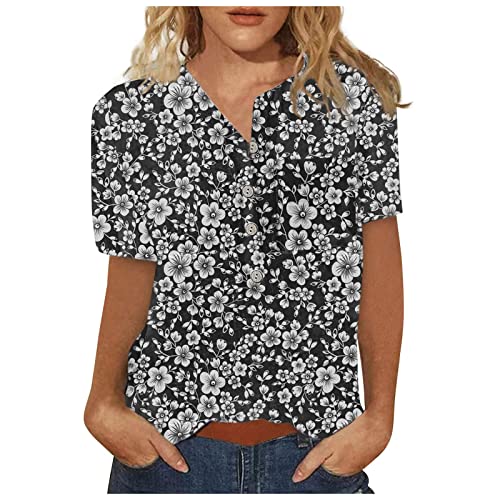 Vintage Graphic Tees Shirt for Women 2023 Dressy Casual Summer Short Sleeve Button Neck t-Shirts Floral Tops Blouse
