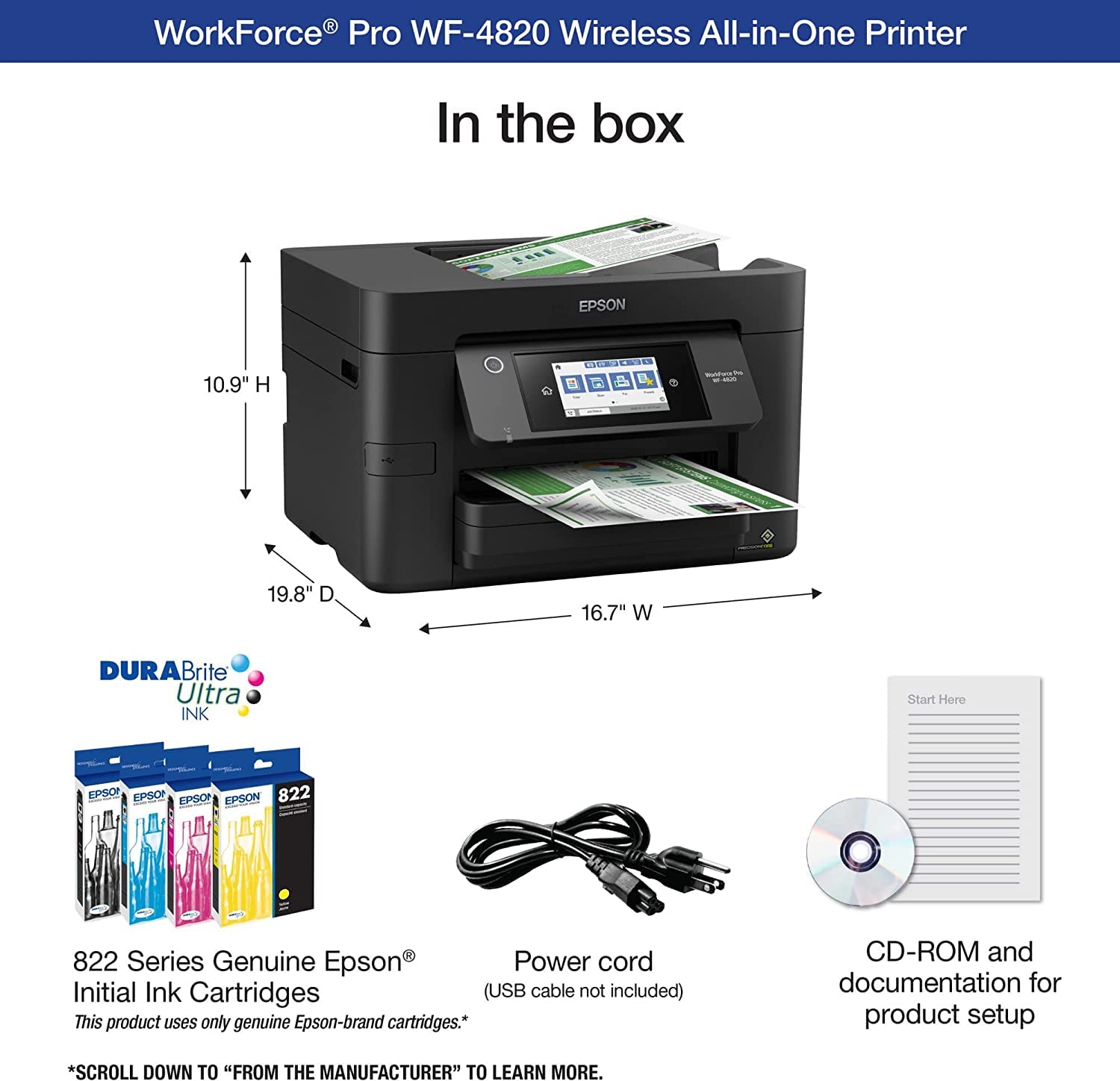 Epson Workforce Pro WF-4820 Wireless All-in-One Color Inkjet Printer, Black - Print Scan Copy Fax - 4.3" Touchscreen, 25 ppm, 4800 x 2400 dpi, Auto 2-Sided Printing, 35-Sheet ADF, Ethernet