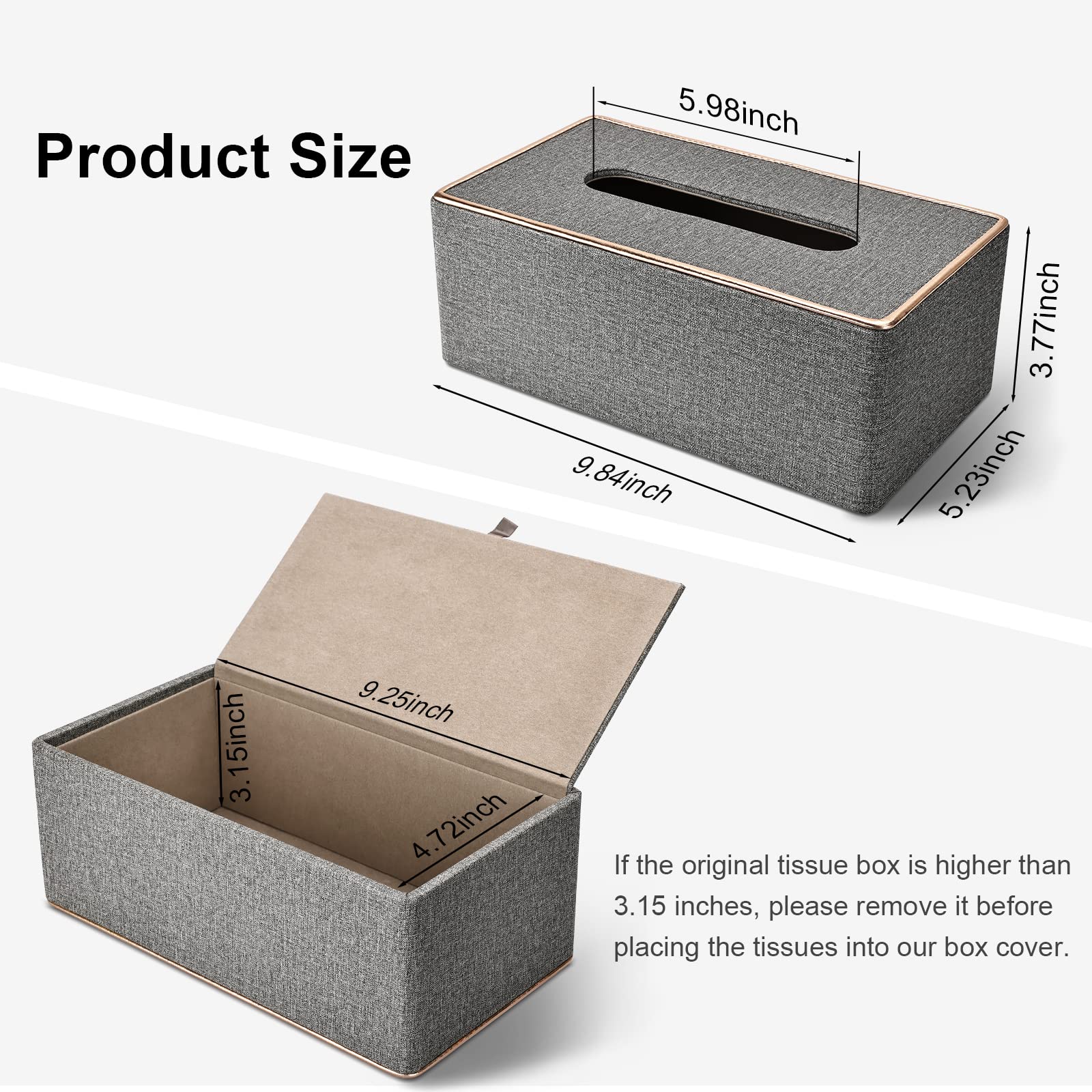 Tissue Box Cover Rectangular, PU Leather Tissue Box Holder for Kleenex,Napkin,Tissue Box Covers Rectangle for Bathroom Car Home Office Decorative 9.84"X5.23"X3.77" Grey