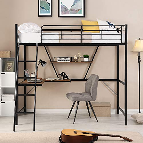 MOEO Twin Size Loft Bed with L-Shaped Desk and Shelf, Metal Steel Bedfram w/Guardrail for Kids, Home, No Spring Box Required, Black