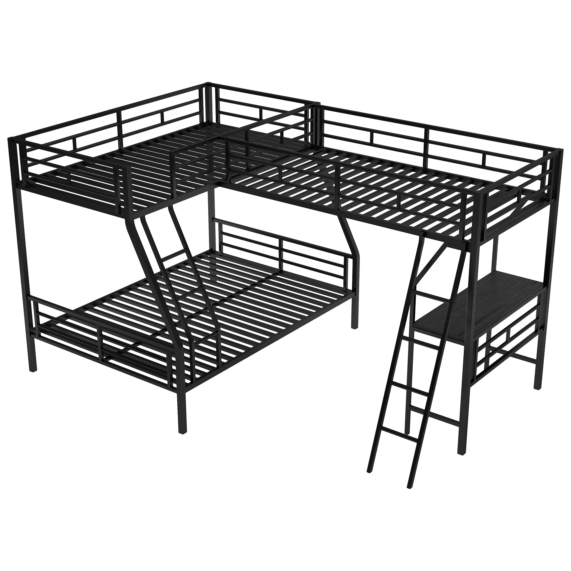 GINGVAT Twin Over Full Bunk Bed with a Twin Size Loft Bed Attached, L-Shaped Triple Metal Bed for Three Kids with a Desk and 2 Ladders, Black