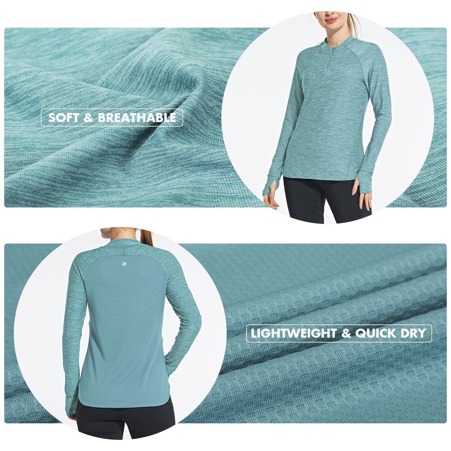 baleaf Women's Running Shirts Quick Dry Lightweight Long Sleeve Pullover UPF50+ Moisture Wicking Hiking Light Blue Size XL