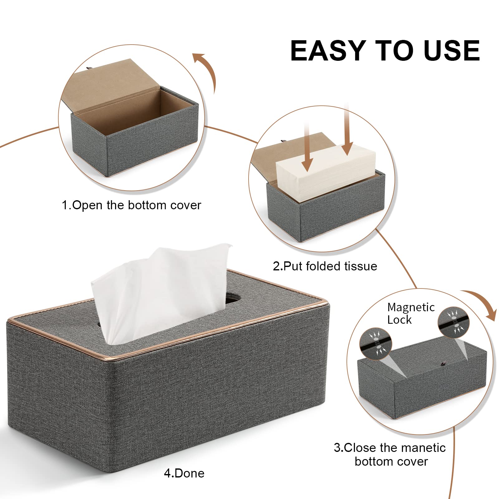 Tissue Box Cover Rectangular, PU Leather Tissue Box Holder for Kleenex,Napkin,Tissue Box Covers Rectangle for Bathroom Car Home Office Decorative 9.84"X5.23"X3.77" Grey