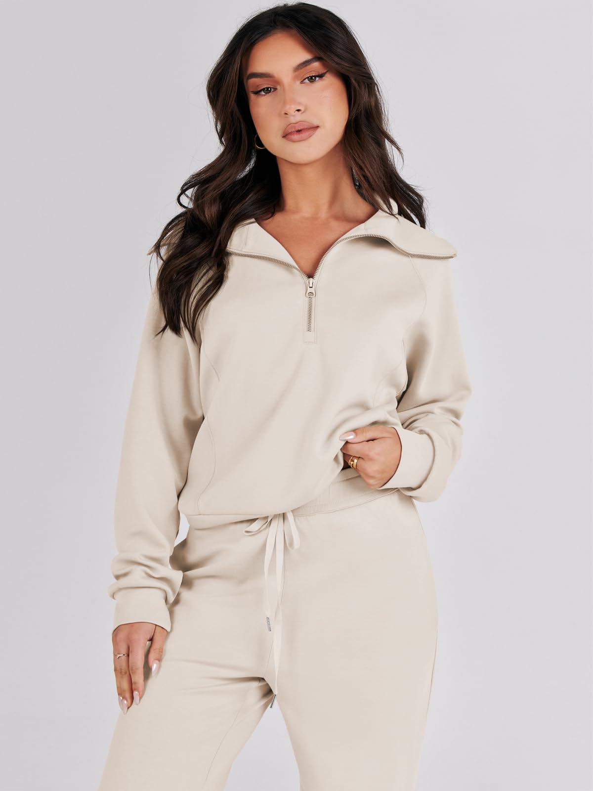 Prinbara Women 2 Piece Outfits Lounge Sets 2024 Winter Oversized Sweatshirt Wide Leg Pant Casual Matching Sweat Set Tracksuit Apricot Small