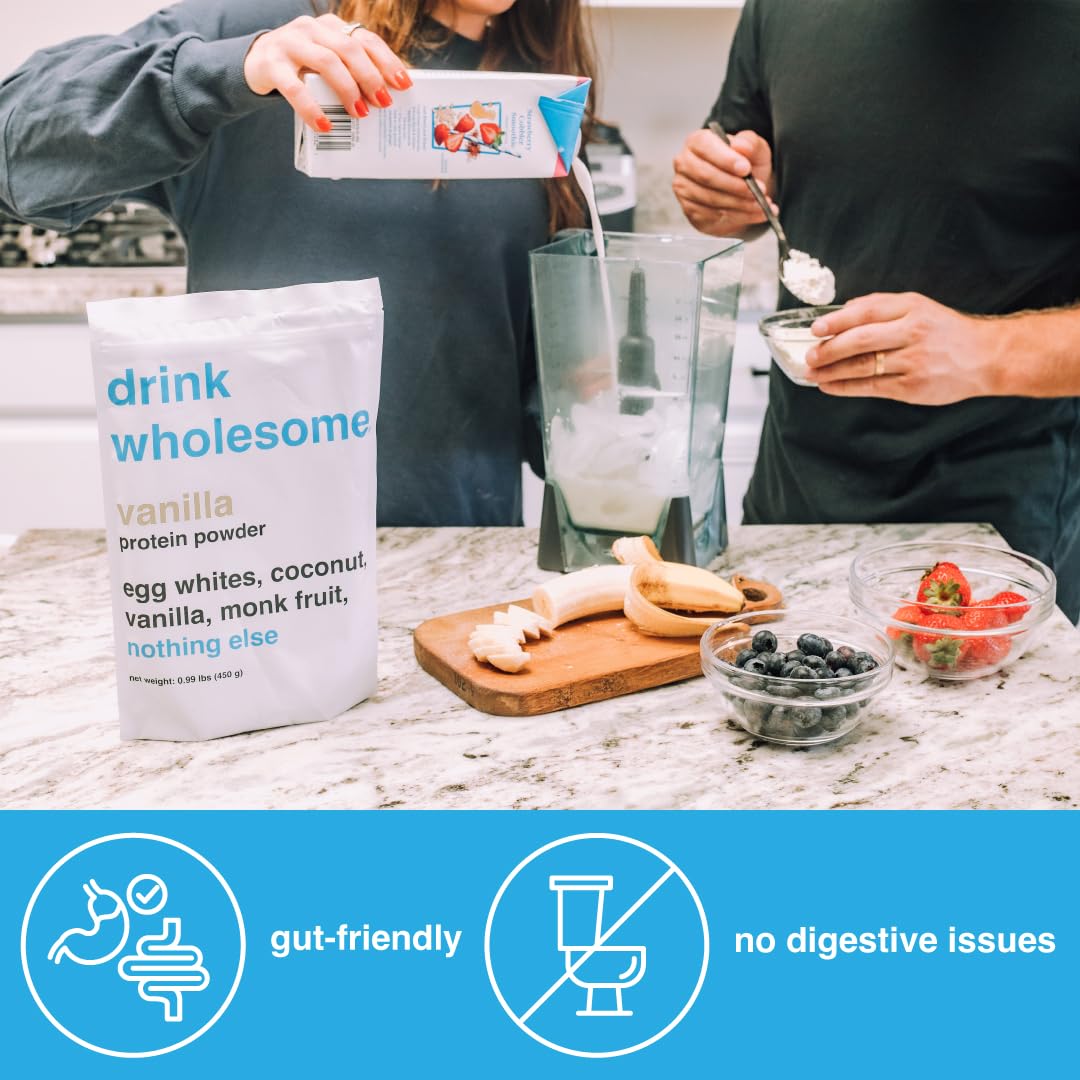 drink wholesome Vanilla Egg White Protein Powder | for Sensitive Stomachs | Gut Friendly | Dairy Free & Lactose Free | No Artificial Sweeteners | Carnivore & Paleo | Safe for Kids & Seniors