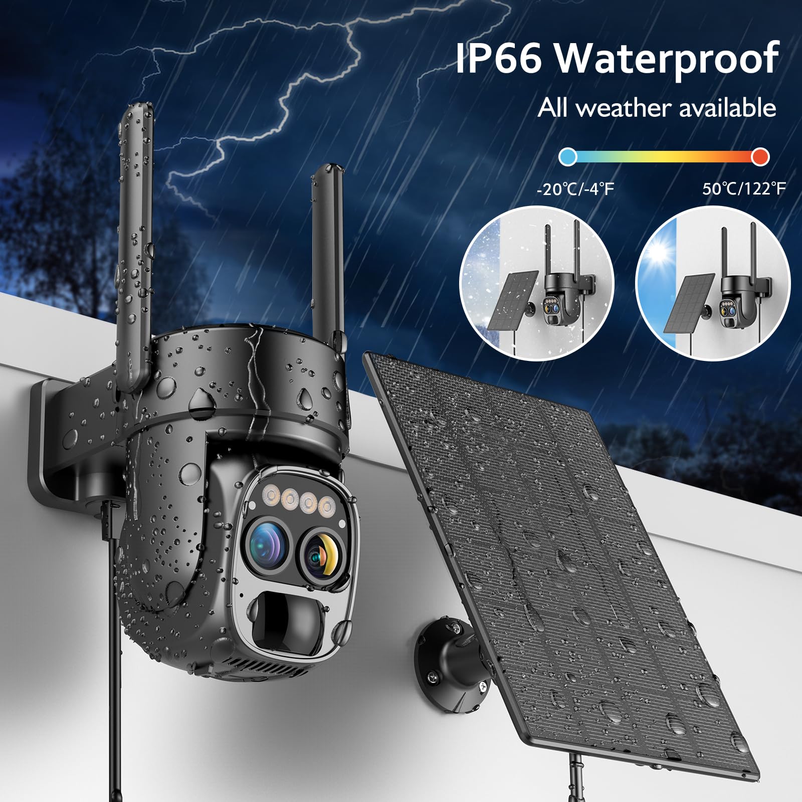 Hawkray Solar Security Wireless Outdoor Camera,8X Zoom,2K Resolution 360° Pan Tilt Control,WiFi Battery Powered Camera with Spotlight Siren PIR Motion Detection