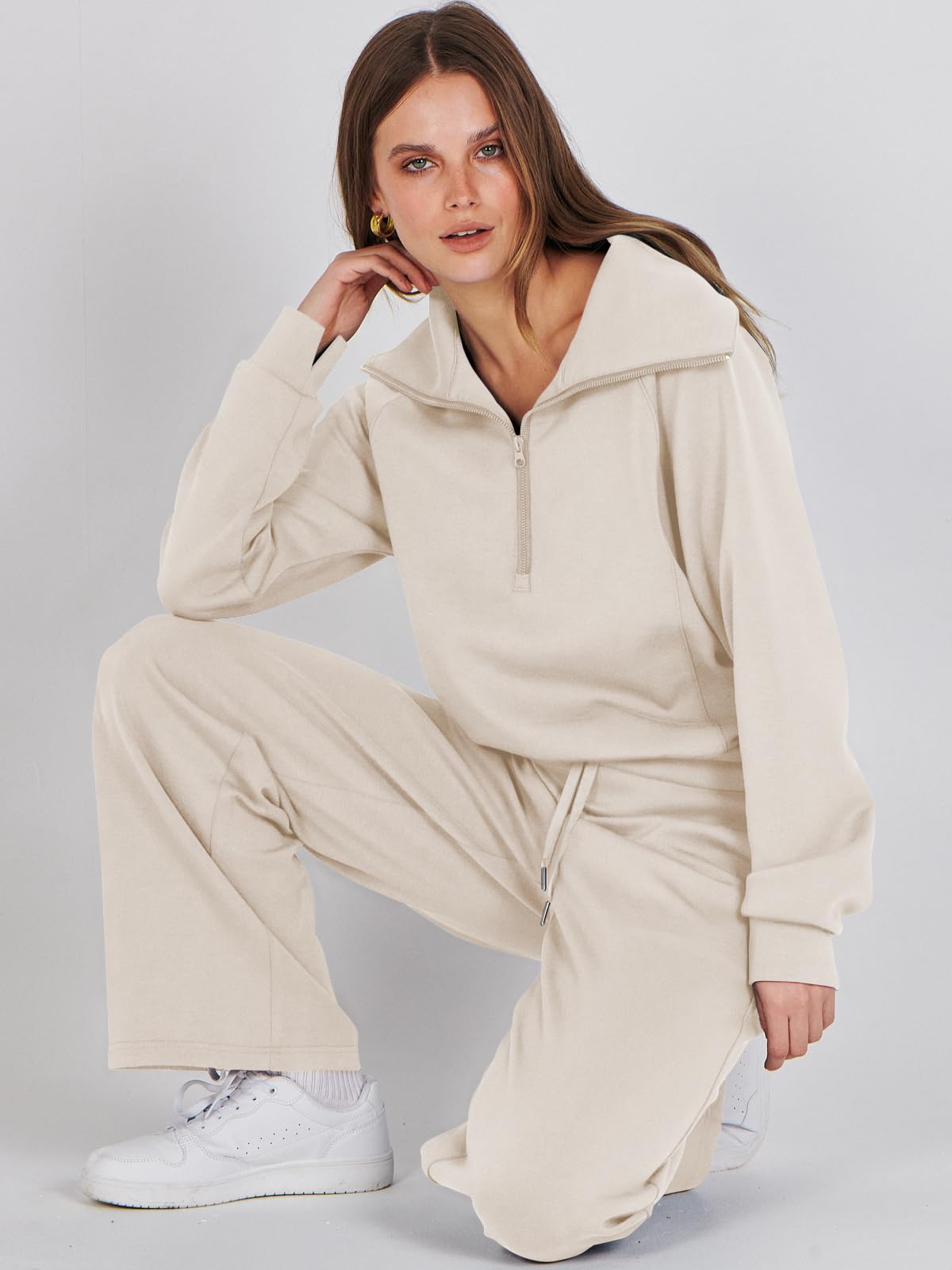 Prinbara Women 2 Piece Outfits Lounge Sets 2024 Winter Oversized Sweatshirt Wide Leg Pant Casual Matching Sweat Set Tracksuit Apricot Small