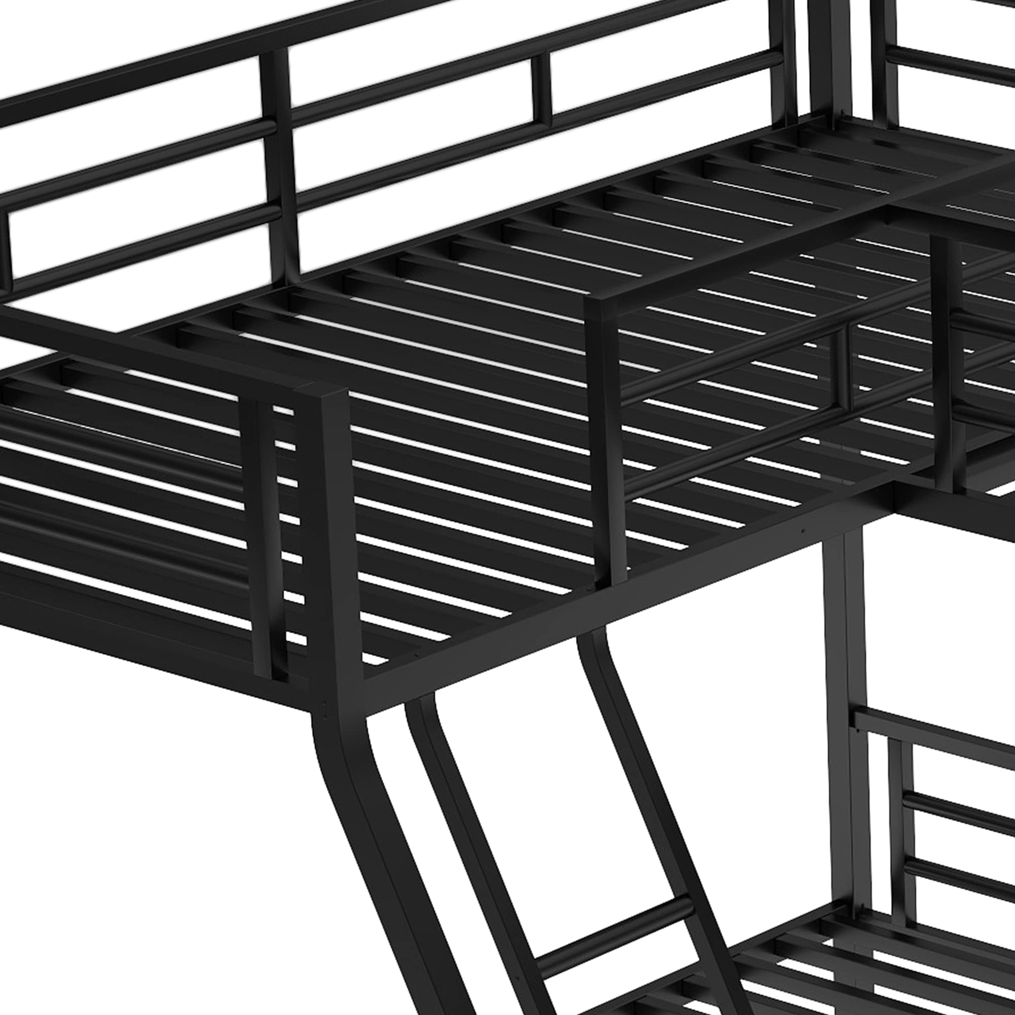 GINGVAT Twin Over Full Bunk Bed with a Twin Size Loft Bed Attached, L-Shaped Triple Metal Bed for Three Kids with a Desk and 2 Ladders, Black