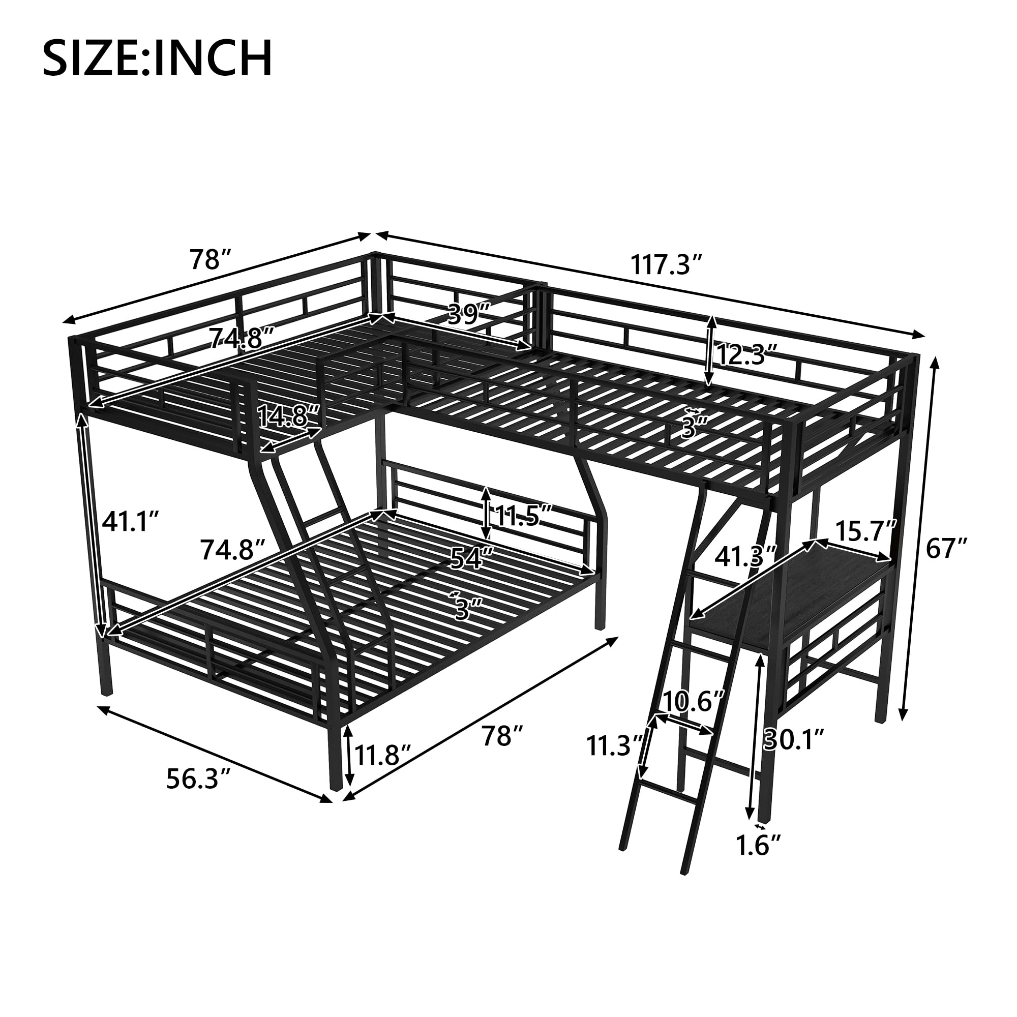 GINGVAT Twin Over Full Bunk Bed with a Twin Size Loft Bed Attached, L-Shaped Triple Metal Bed for Three Kids with a Desk and 2 Ladders, Black