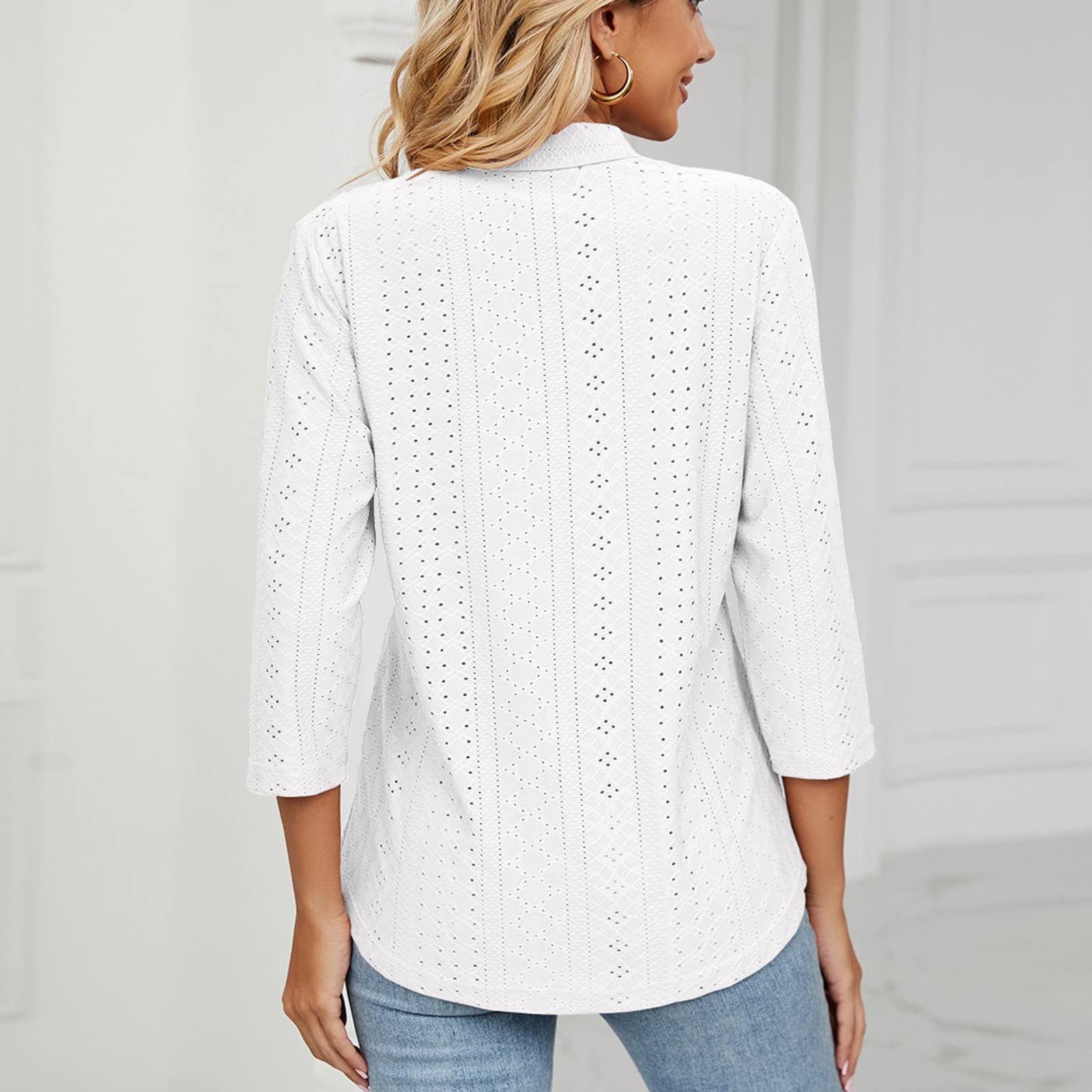 Loose Fitting Tops for Women 3/4 Sleeve Lace Crochet Lapel v Neck Shirts Casual Summer Business Work Office Blouse