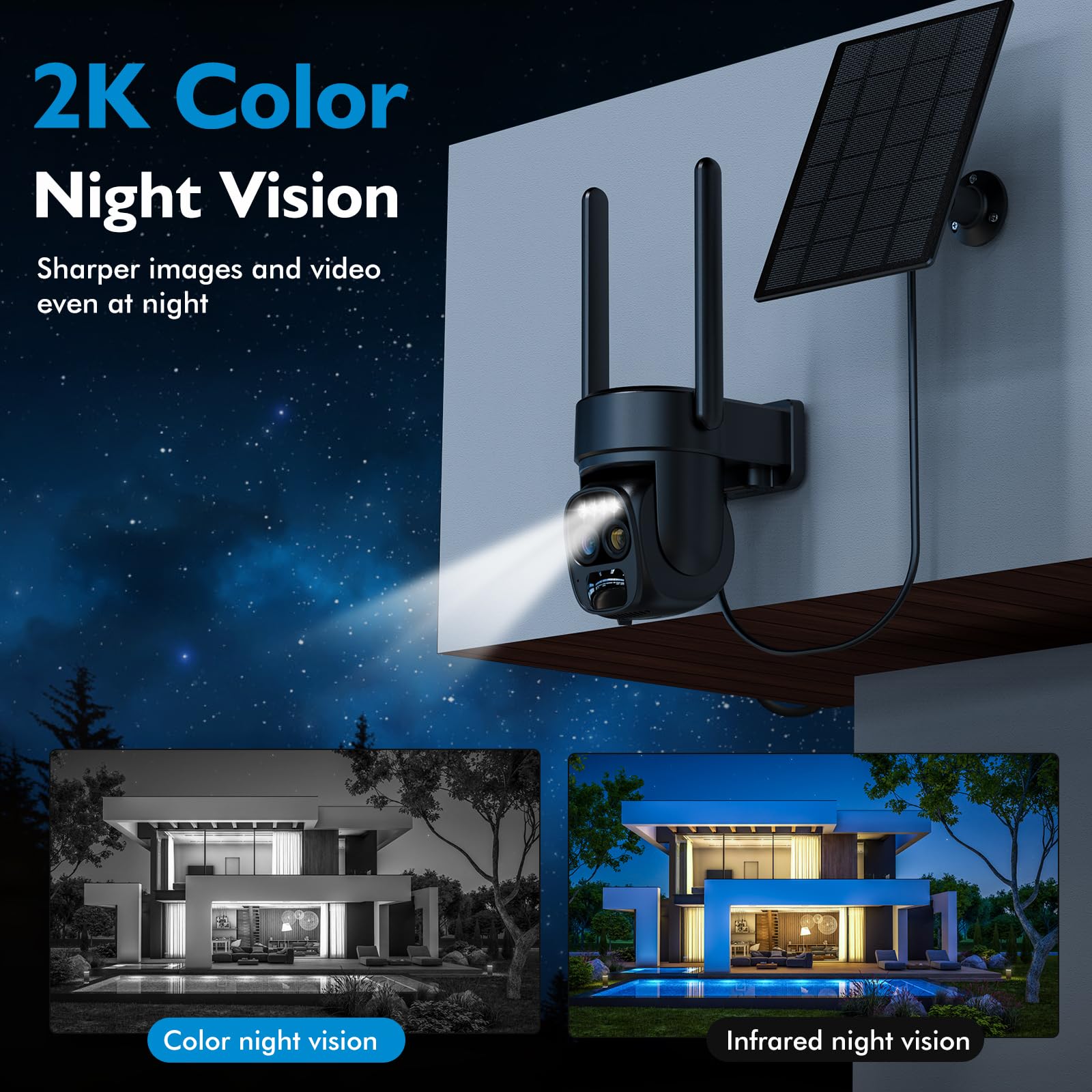 Hawkray Solar Security Wireless Outdoor Camera,8X Zoom,2K Resolution 360° Pan Tilt Control,WiFi Battery Powered Camera with Spotlight Siren PIR Motion Detection