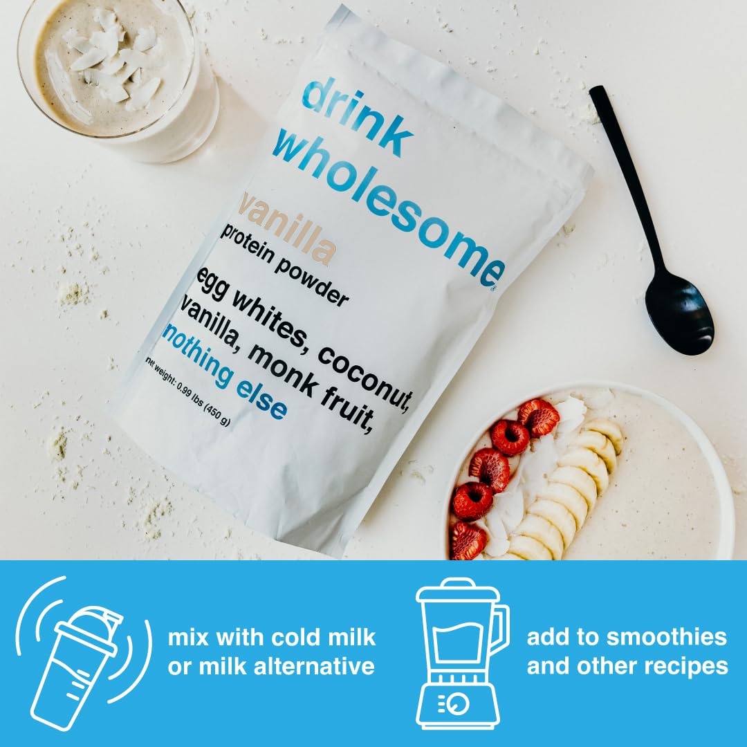 drink wholesome Vanilla Egg White Protein Powder | for Sensitive Stomachs | Gut Friendly | Dairy Free & Lactose Free | No Artificial Sweeteners | Carnivore & Paleo | Safe for Kids & Seniors