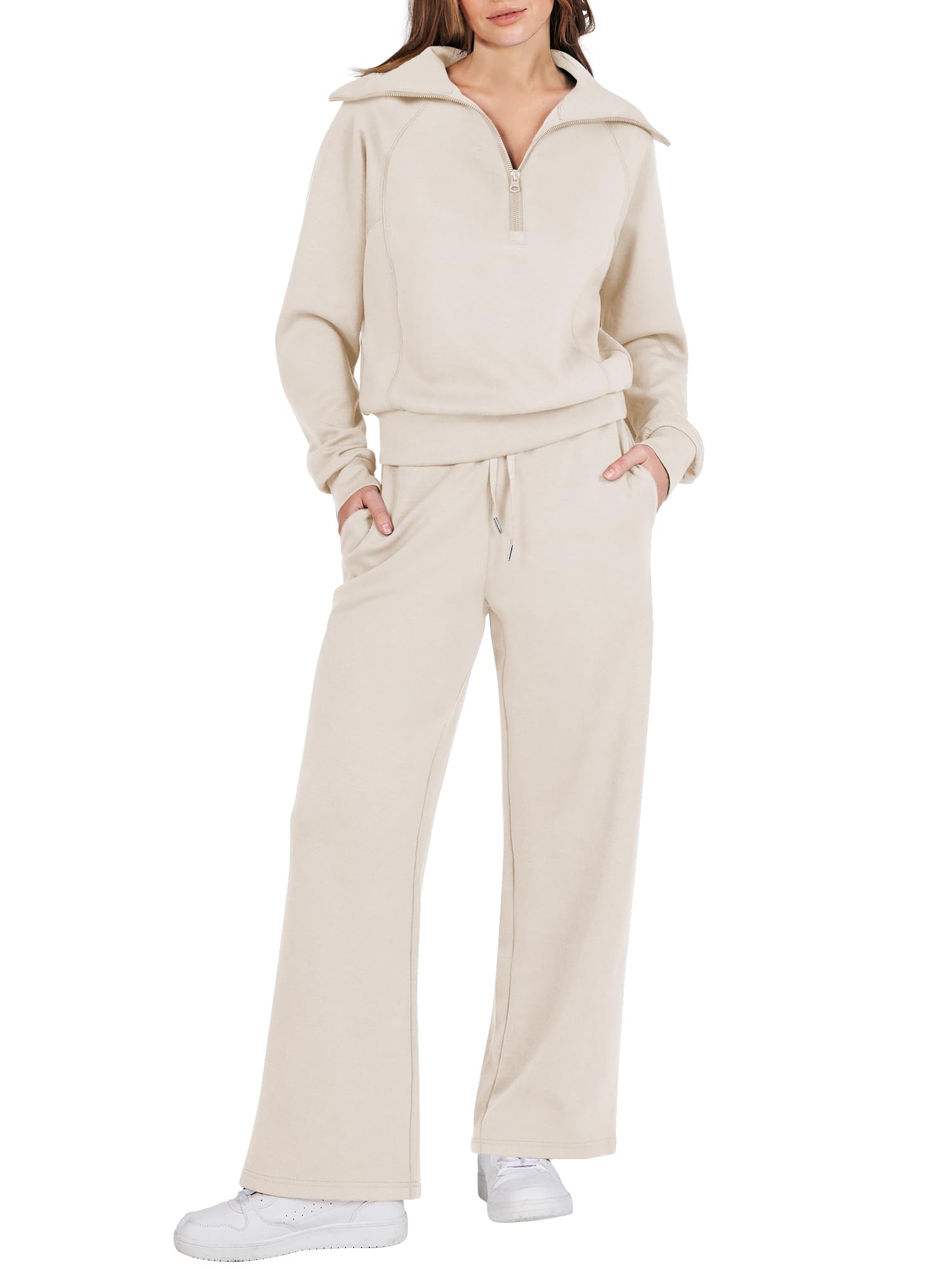 Prinbara Women 2 Piece Outfits Lounge Sets 2024 Winter Oversized Sweatshirt Wide Leg Pant Casual Matching Sweat Set Tracksuit Apricot Small