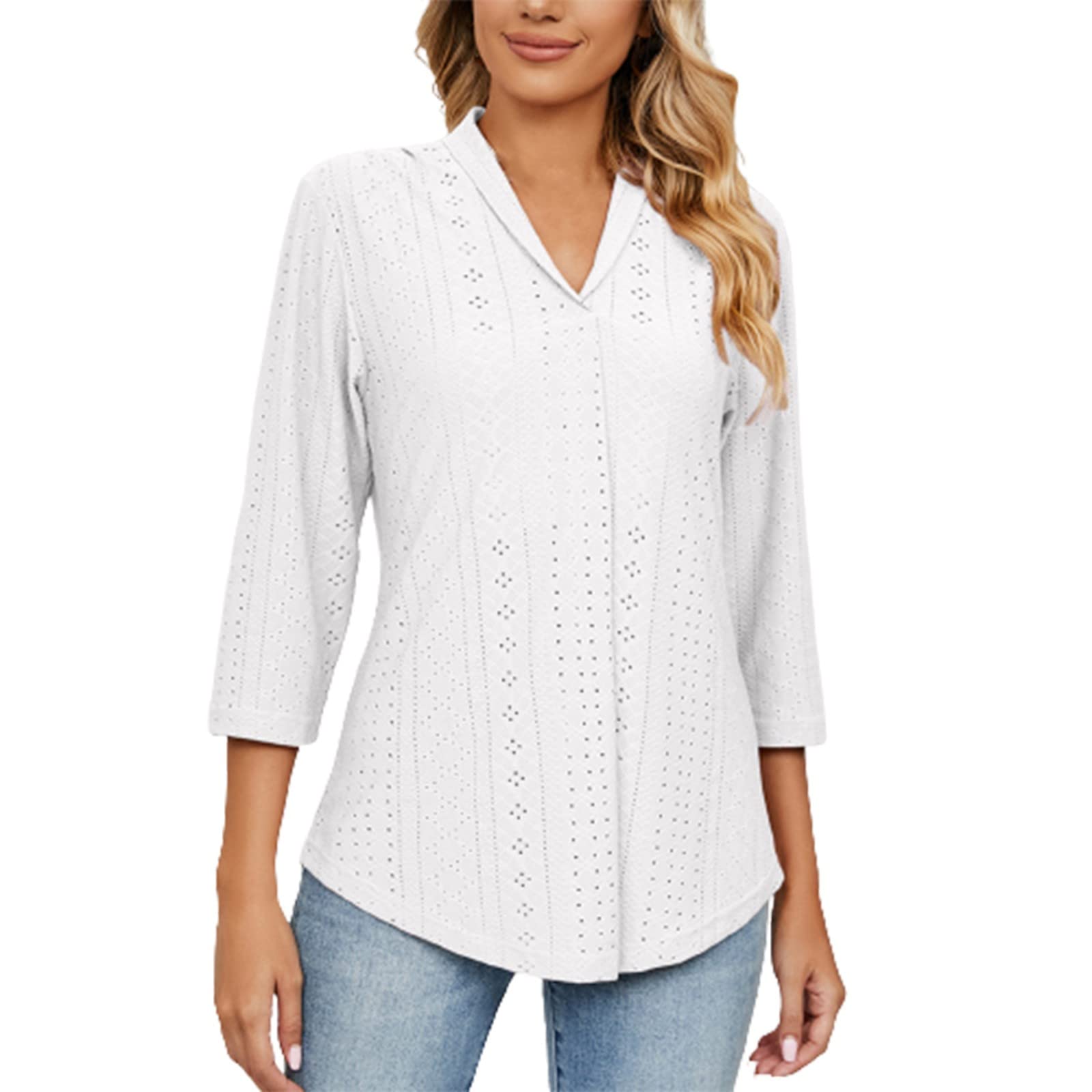 Loose Fitting Tops for Women 3/4 Sleeve Lace Crochet Lapel v Neck Shirts Casual Summer Business Work Office Blouse