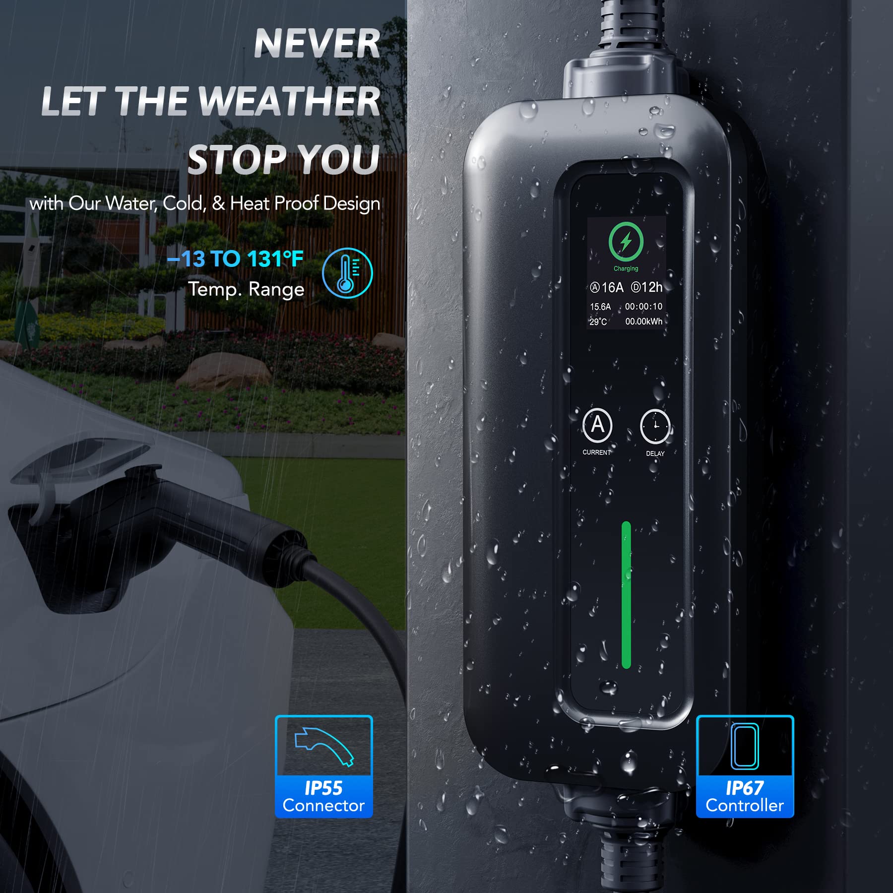 Level 2 & Level 1 EV Charger, 16Amp 110-240V Portable J1772 Electric Car Charger with NEMA 6-20 & NEMA 5-15 Adapter, Plug-in EV Charging Station with Adjustable Amp Delayed Timer 25ft Long Cord, Black