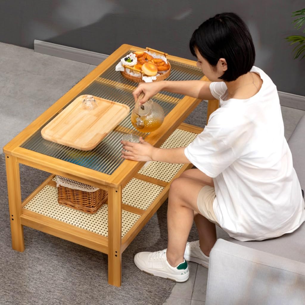 Mid Century Modern 2-Tier Center Table with Open Storage Shelf, Rattan Coffee Table, Boho Rectangular Bamboo Cocktail Table for Living Room