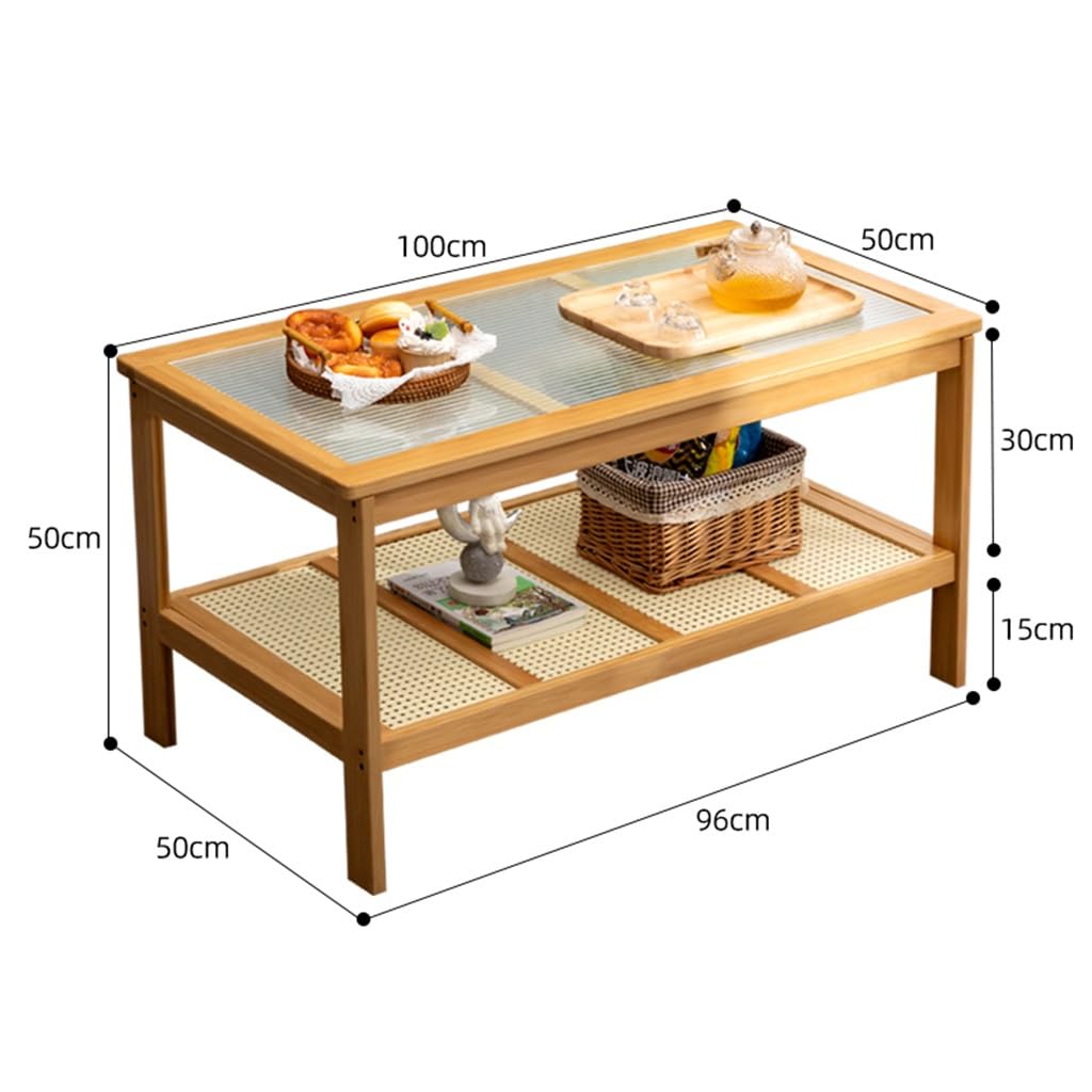 Mid Century Modern 2-Tier Center Table with Open Storage Shelf, Rattan Coffee Table, Boho Rectangular Bamboo Cocktail Table for Living Room
