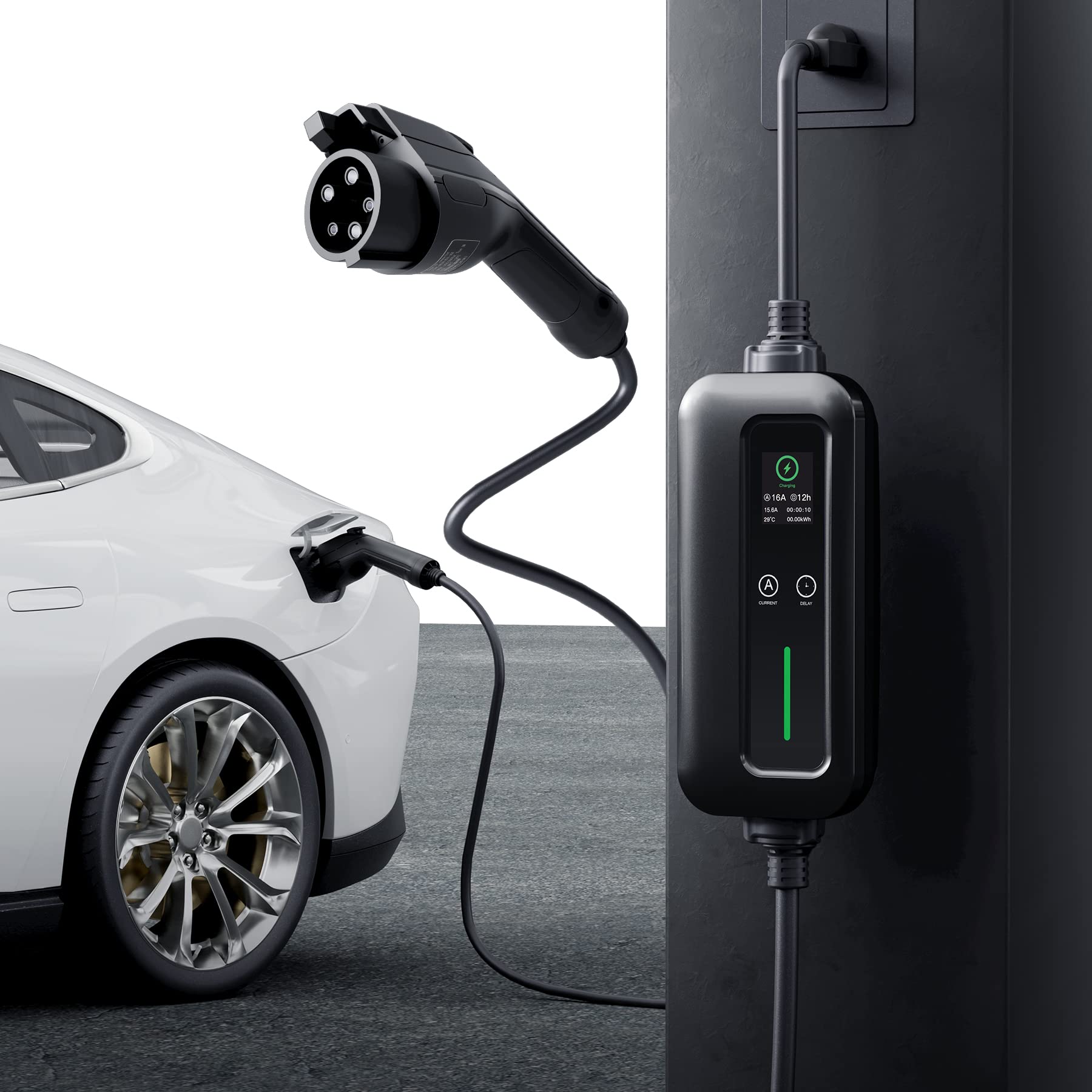 Level 2 & Level 1 EV Charger, 16Amp 110-240V Portable J1772 Electric Car Charger with NEMA 6-20 & NEMA 5-15 Adapter, Plug-in EV Charging Station with Adjustable Amp Delayed Timer 25ft Long Cord, Black