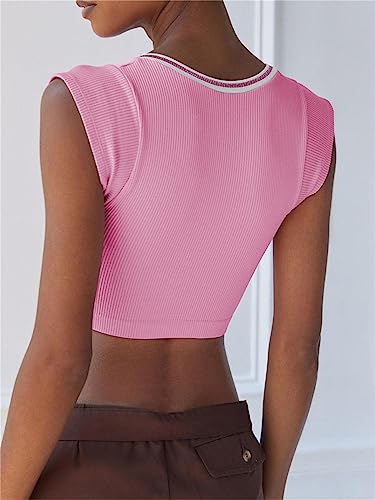 Women Y2K Going Out Crop Top Short Sleeve V Neck Ribbed Cropped T Shirt Casual Basic Fitted Baby Tees Streetwear A Pink