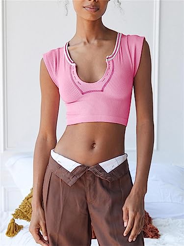 Women Y2K Going Out Crop Top Short Sleeve V Neck Ribbed Cropped T Shirt Casual Basic Fitted Baby Tees Streetwear A Pink
