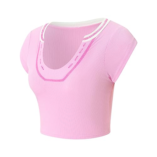Women Y2K Going Out Crop Top Short Sleeve V Neck Ribbed Cropped T Shirt Casual Basic Fitted Baby Tees Streetwear A Pink