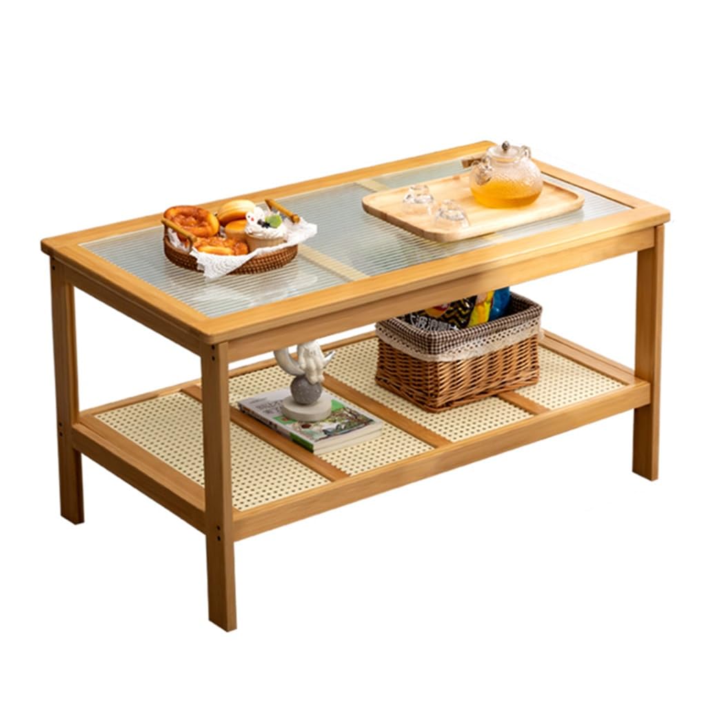 Mid Century Modern 2-Tier Center Table with Open Storage Shelf, Rattan Coffee Table, Boho Rectangular Bamboo Cocktail Table for Living Room
