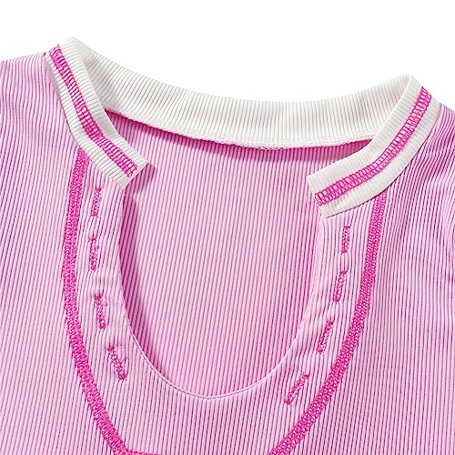 Women Y2K Going Out Crop Top Short Sleeve V Neck Ribbed Cropped T Shirt Casual Basic Fitted Baby Tees Streetwear A Pink