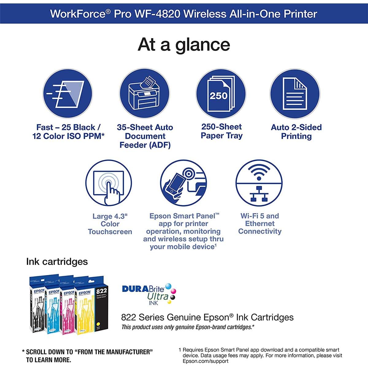 Epson WorkForce Pro WF-4820 Wireless All-in-One Inkjet Printer (Renewed)
