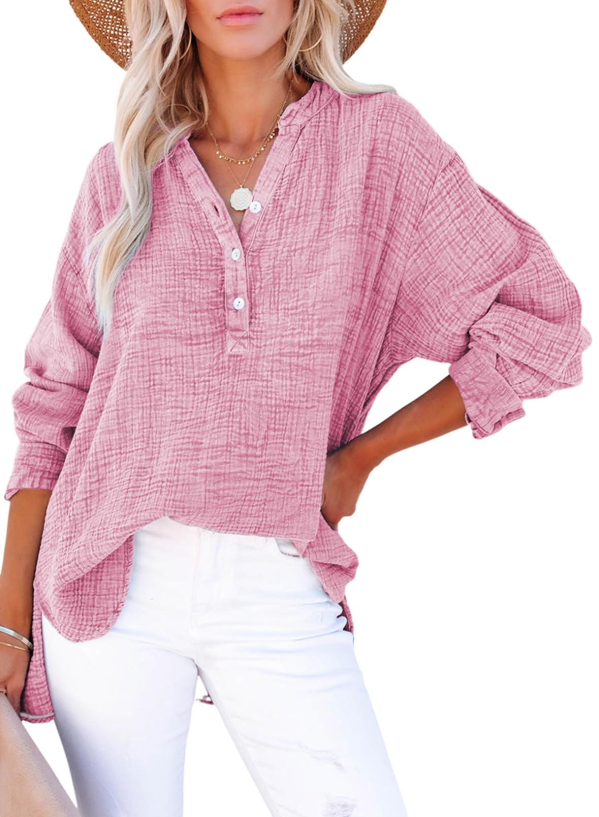 Dokotoo Womens Fashion Fall Clothes Button V Neck Long Sleeve Shirts Cotton Office Workout Pullover Blouses Tops Resort Wear for Women Tops Dressy Casual Small Pink