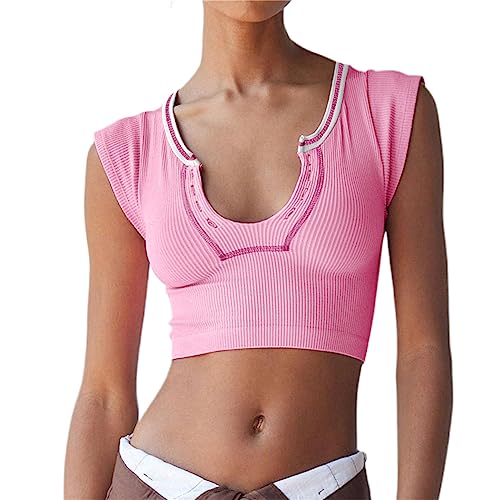 Women Y2K Going Out Crop Top Short Sleeve V Neck Ribbed Cropped T Shirt Casual Basic Fitted Baby Tees Streetwear A Pink