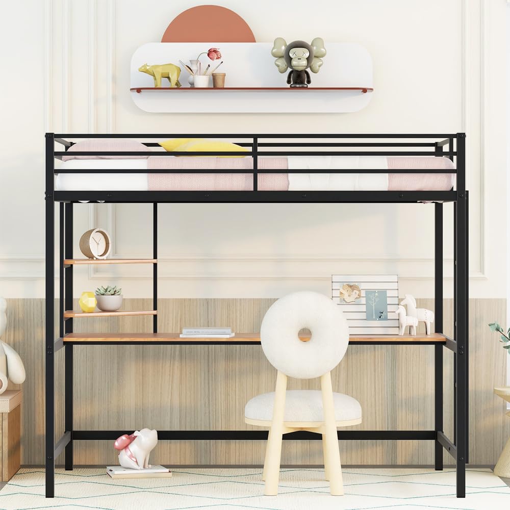 Anwick Twin Size Metal Loft Bed with Desk & Shelf, Metal Structure Bedframe w/Safety Guardrail, for Dorm, Bedroom, Guest Room, No Box Spring Needed (Twin, Black)