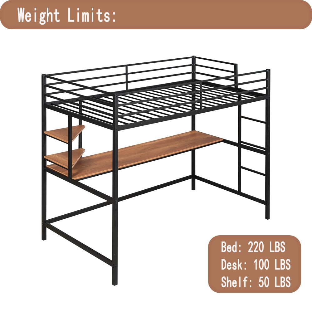 Anwick Twin Size Metal Loft Bed with Desk & Shelf, Metal Structure Bedframe w/Safety Guardrail, for Dorm, Bedroom, Guest Room, No Box Spring Needed (Twin, Black)