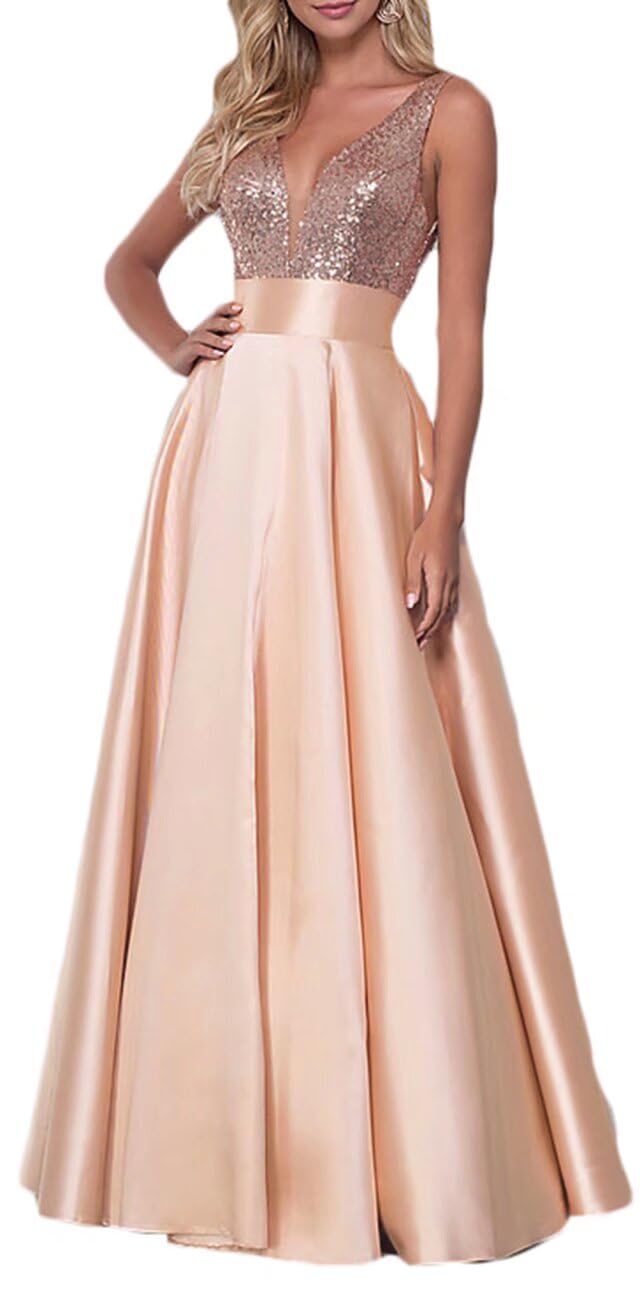 V Neck Prom Dress Sequins Satin Long 2025 New Formal Evening Dresses Ball Gowns for Women with Pockets Rose Gold