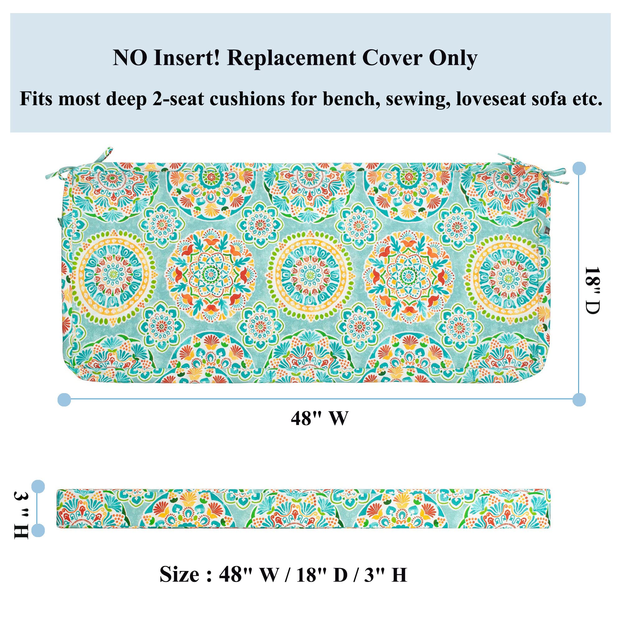 FUNHOME Outdoor Cushion Covers,48" x 18" x 3", No Insert! Patio Cushion Covers Replacement for Outdoor Furniture,Water Resistant Patio Bench Loveseat Cushion Covers 1 Pack, Cyan Circle (Covers ONLY)